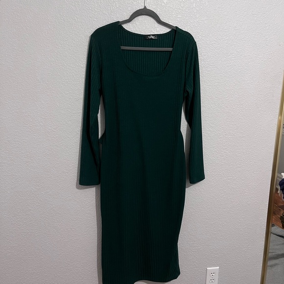 Amazon | Dresses | Dark Green Ribbed Long Sleeve Midi Dress With A Tie ...